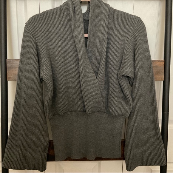 Sweaters | Os Custom Grey Ribbed Wrap Sweater With Plunging Neckline ...
